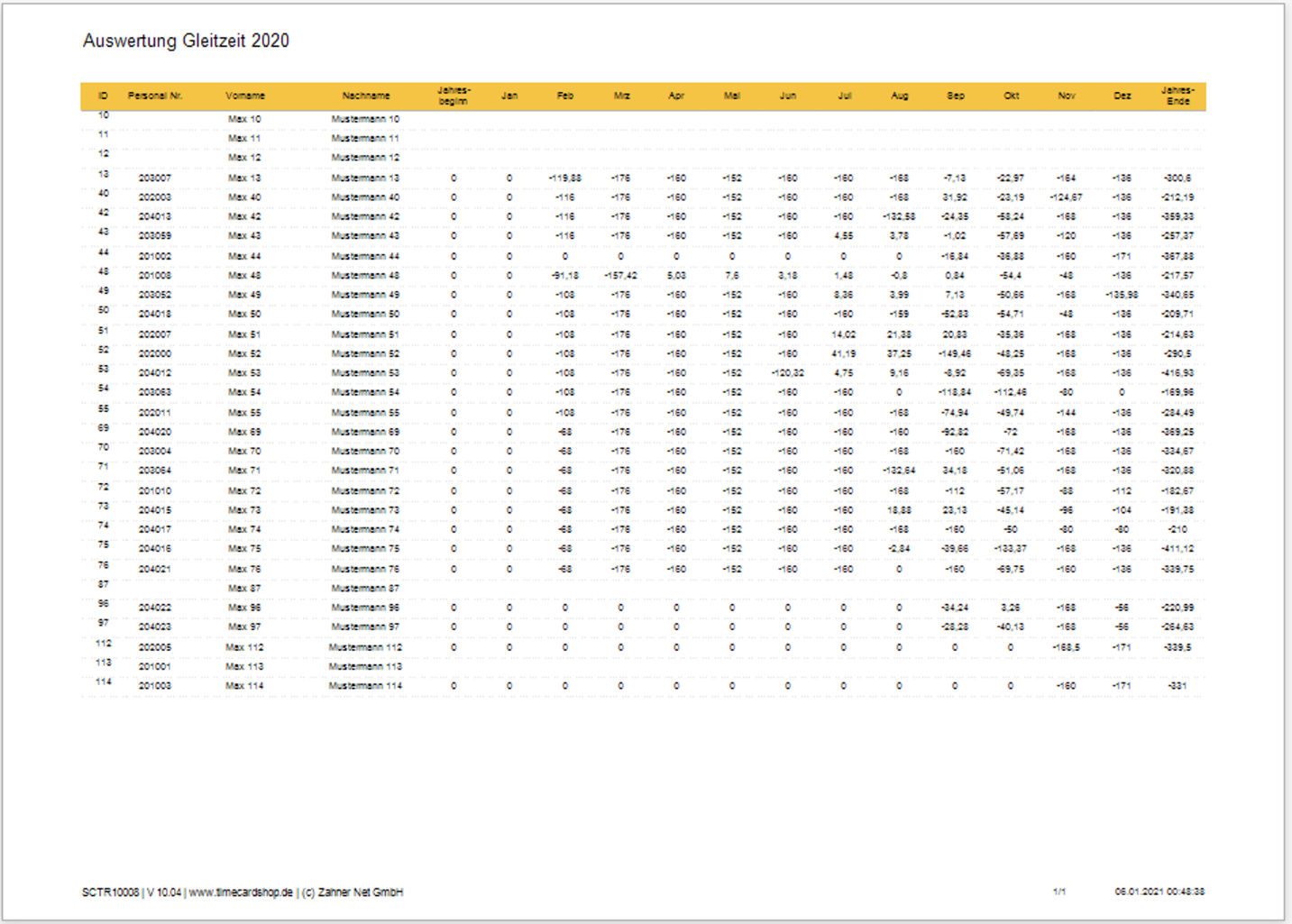 timeCard 10 Jahresübersicht Gleitzeit - Gratis-Version